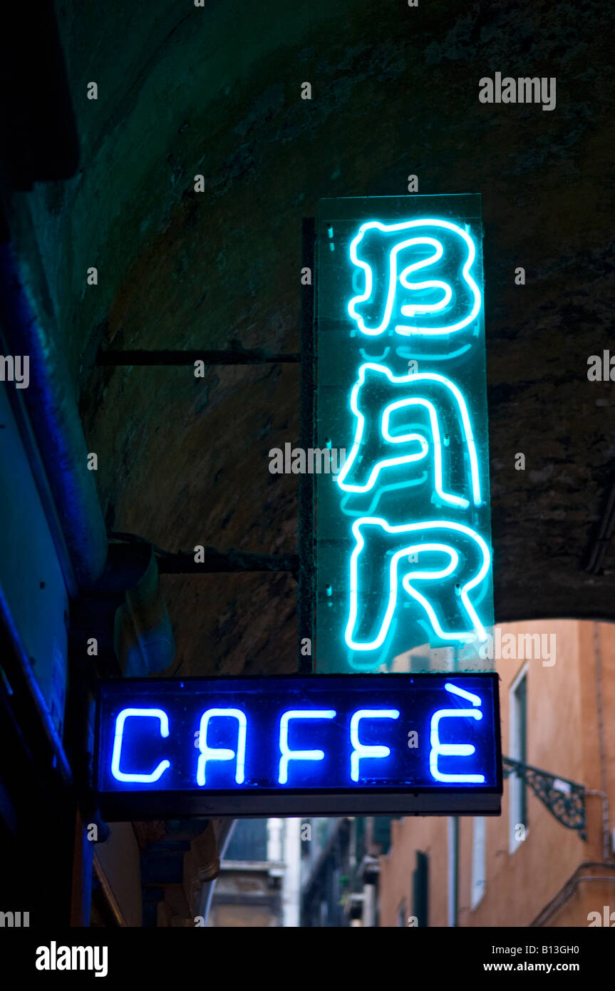 Neon Caffe Sign in a dark alley leading to Saint Marks Square, Venice ...