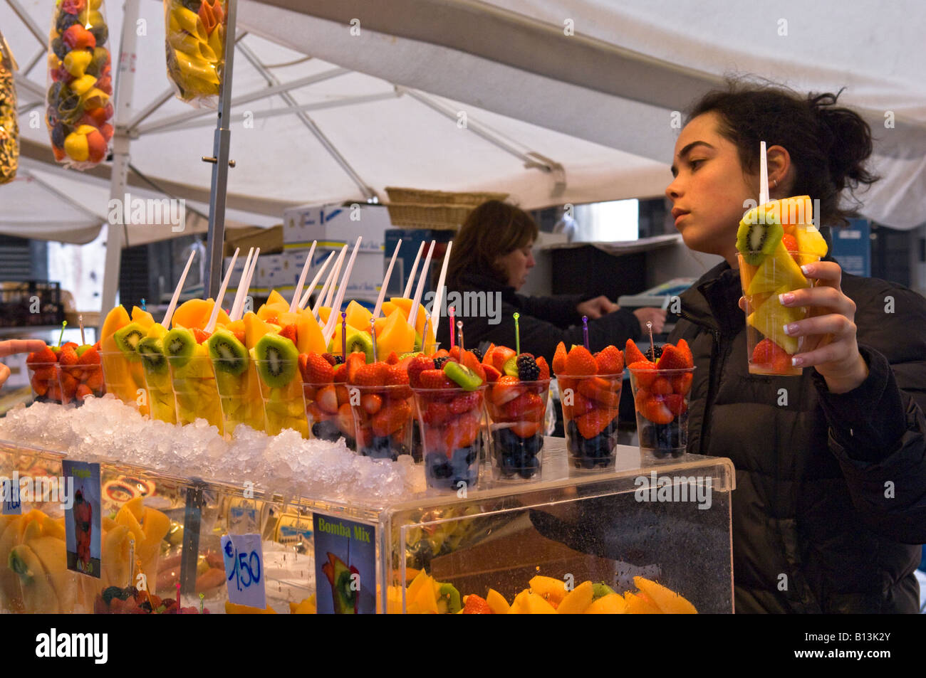 Girl Selling Fresh Fruit for snack food in Rialto Market, Venice, Italy ...