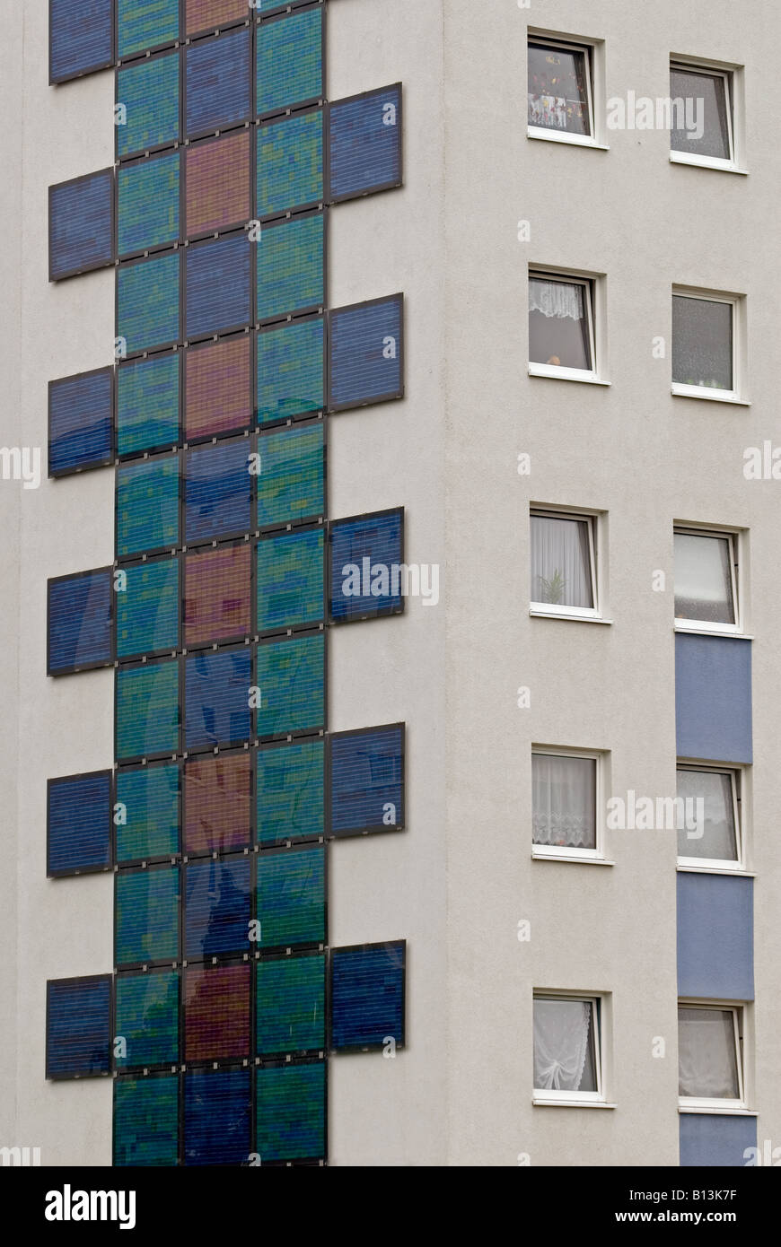 Coloured solar panels fitted to apartments in Bocklemund, Cologne ...