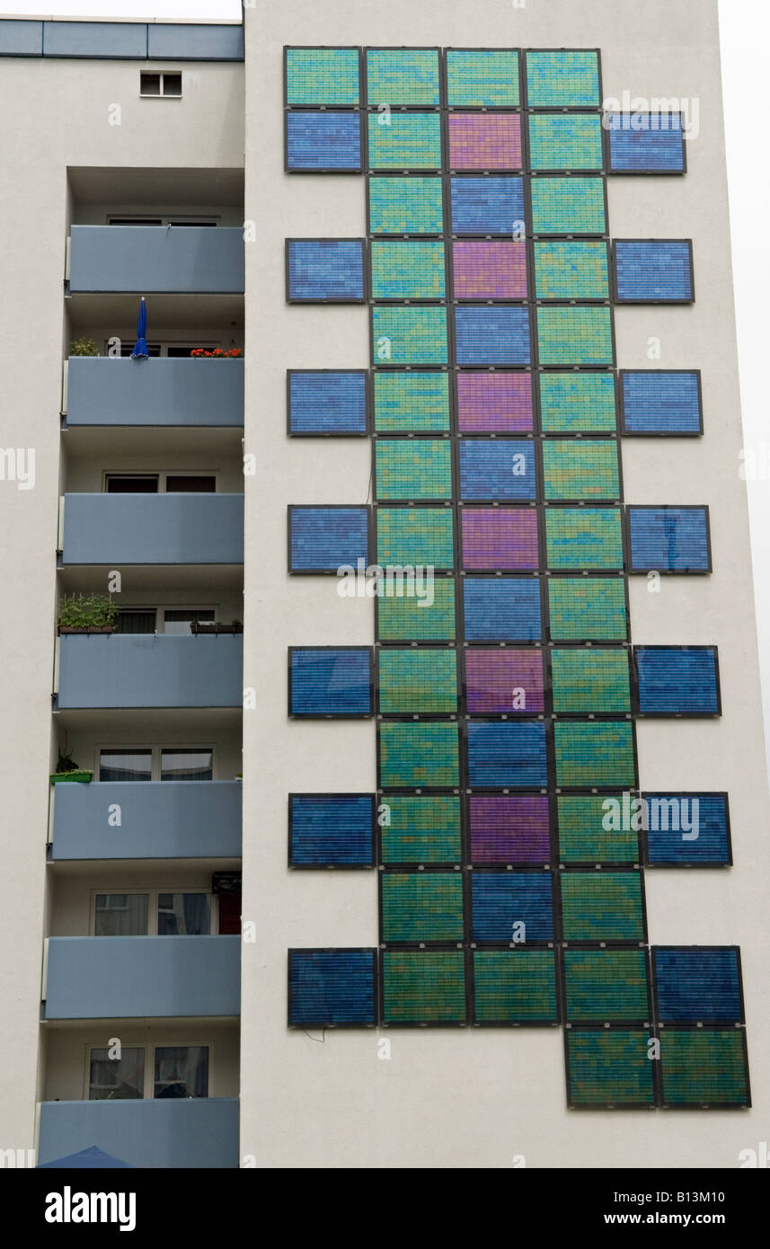 Large coloured solar panels fitted to apartments in Bocklemund, Cologne ...