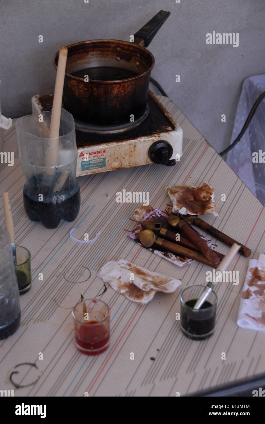 Batik wax tools, portait format, wax on cooker Stock Photo - Alamy