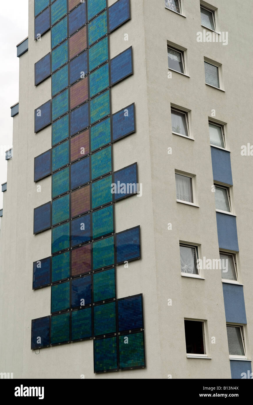 Large coloured solar panels fitted to apartments in Bocklemund, Cologne ...