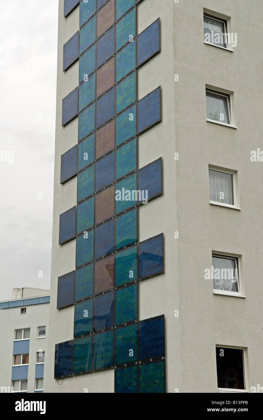 Large coloured solar panels fitted to apartments in Bocklemund, Cologne ...
