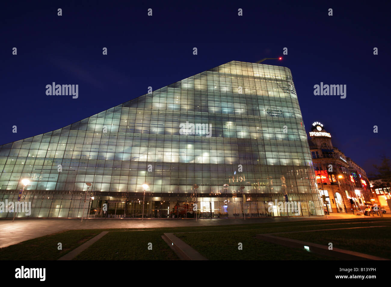 City of Manchester, England. Night view of the Urbis Museum of City ...