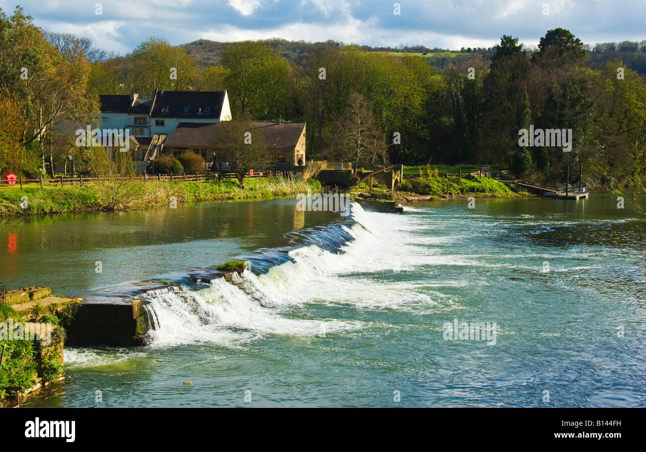 Weir on River Avon at Bathampton Mill near Bath Somerset England UK EU ...