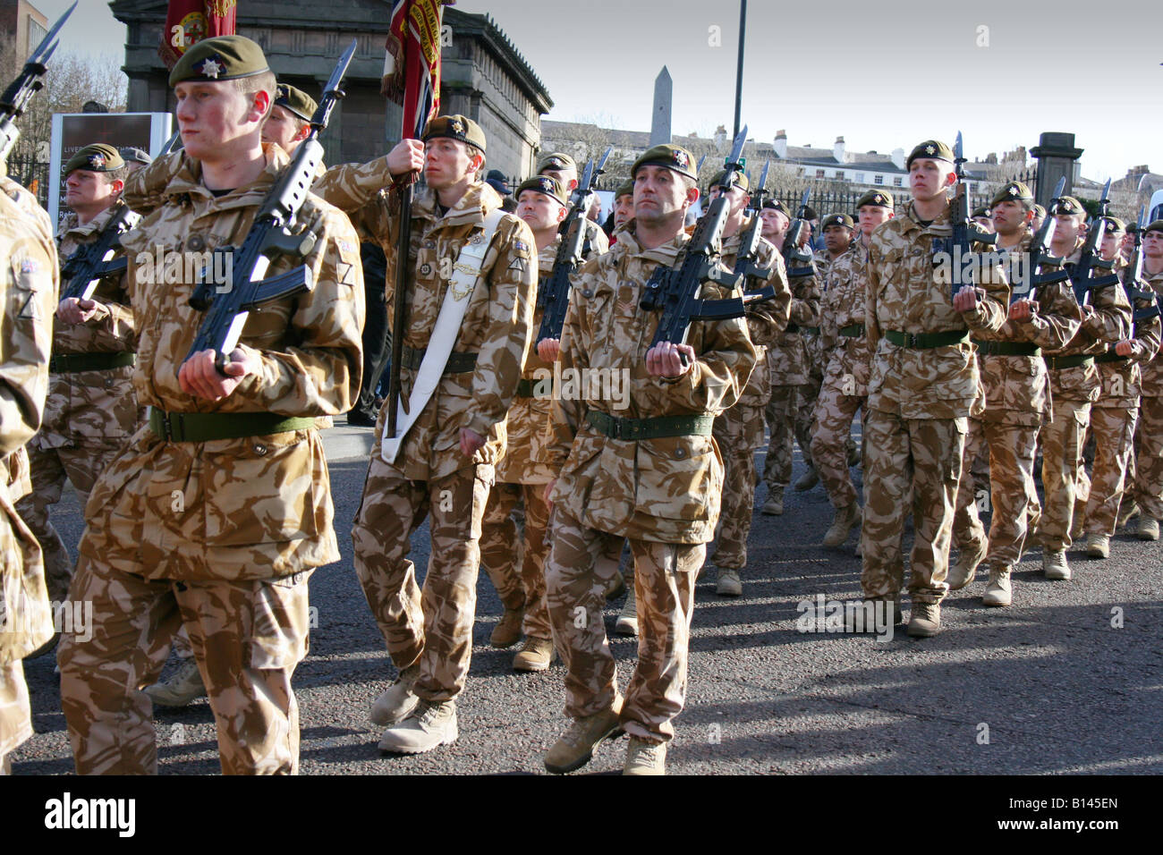 Irish Guards marching in Liverpool after coming home from a tour of ...
