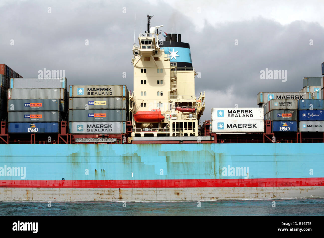 Maersk container ship leaving Vancouver port. (The Sofie Maersk, registered in Copenhagen Stock ...