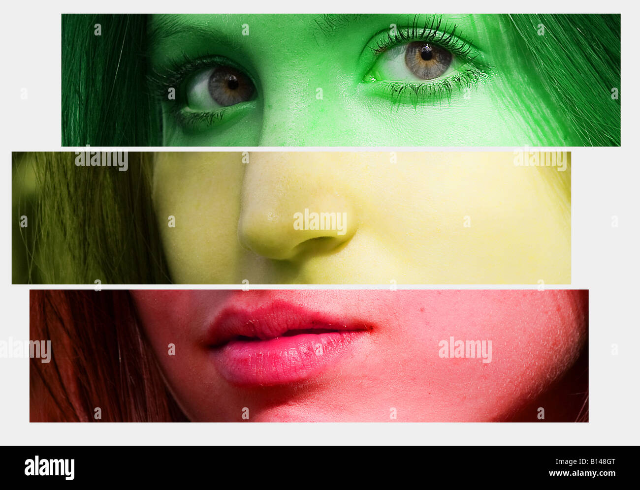 Graphic of young model split into three sections and aligned ...