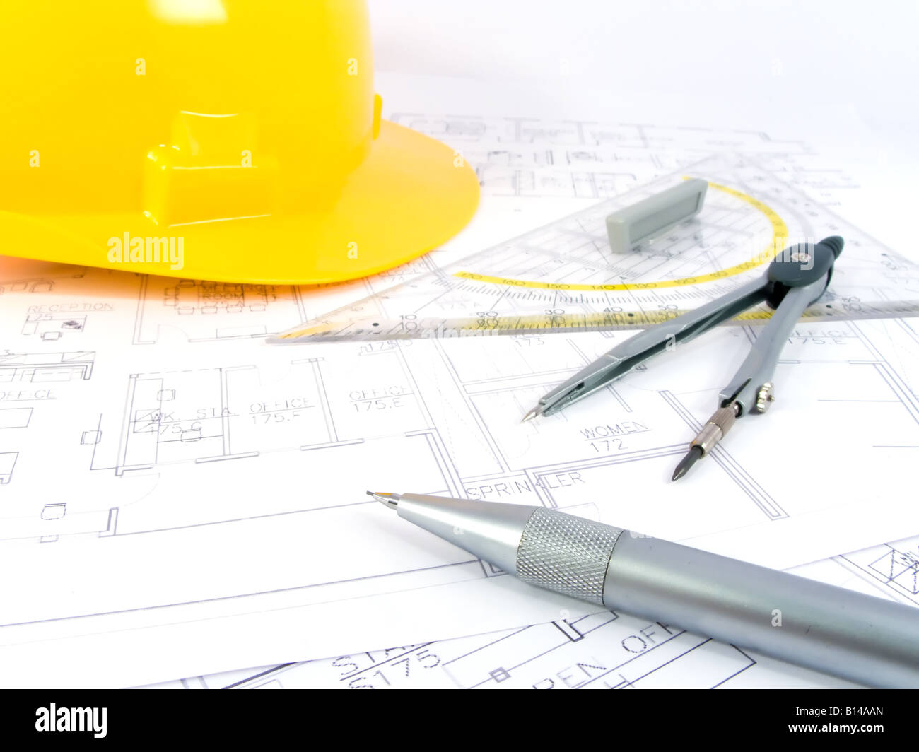 Building projects with architect drawing and protective tools Stock ...