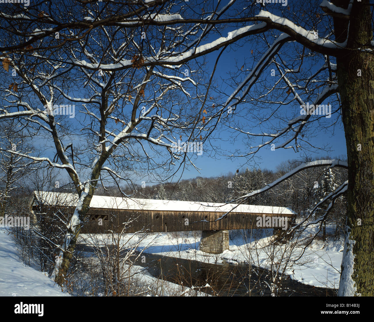 Long Covered Bridge in Winter - New England Stock Photo - Alamy