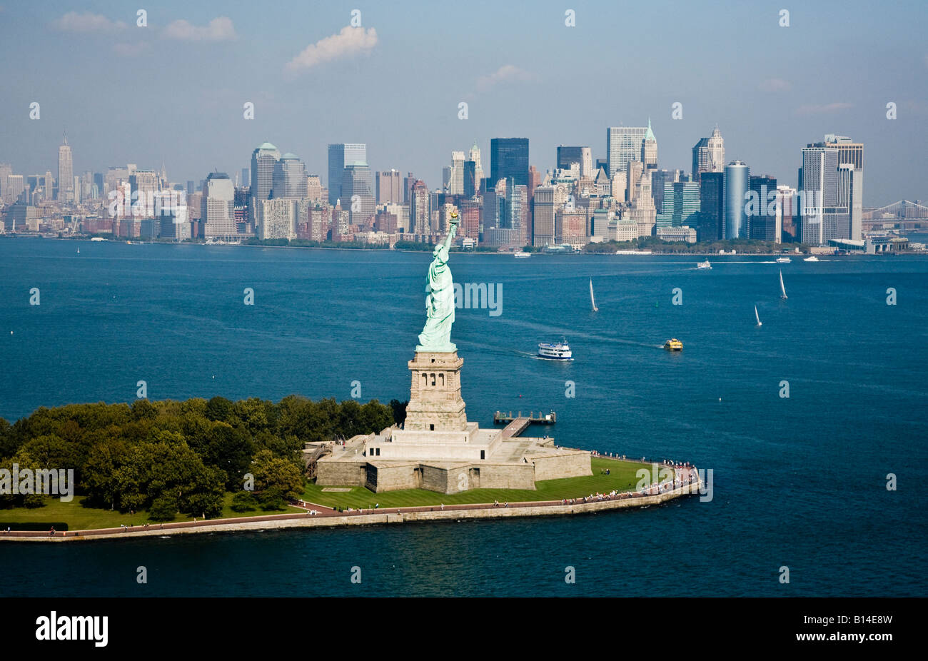 Aerial view of the Statue of Liberty and Lower Manhattan Stock Photo ...