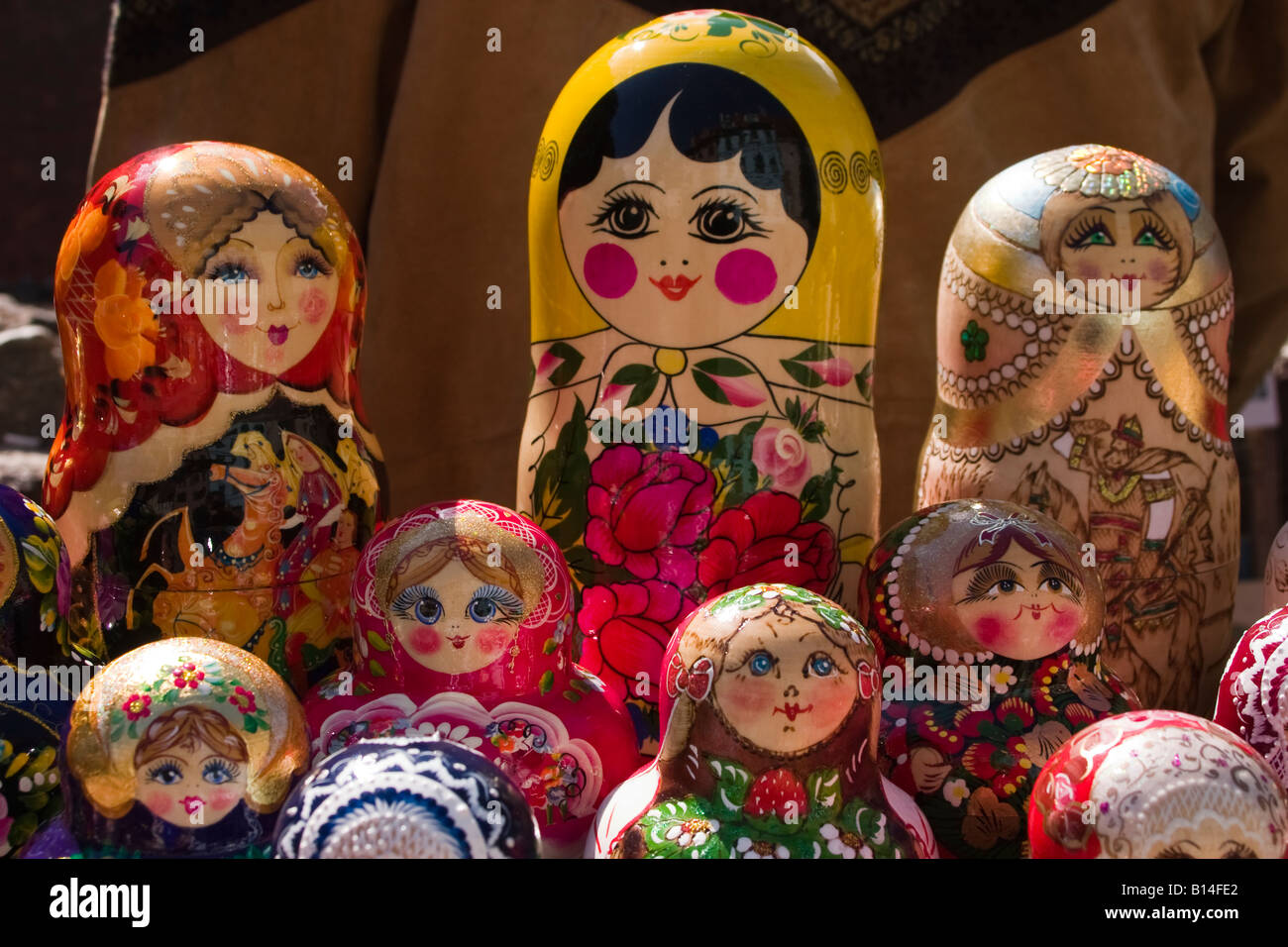 Russian Babushka dolls on display in a market in Moscow, Russia Stock ...