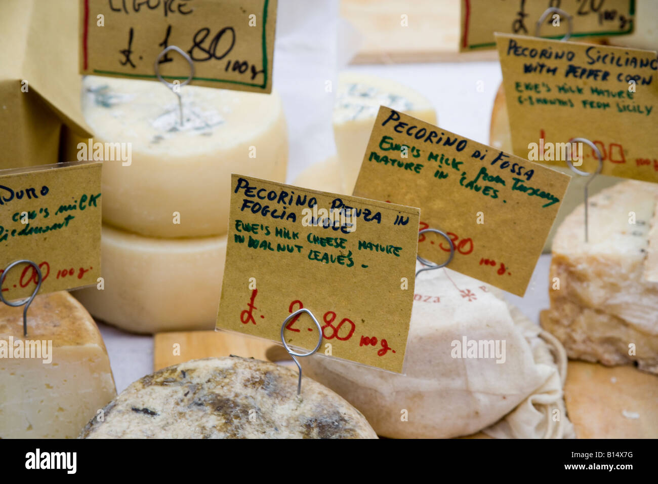 cheese labels farmers market Stock Photo - Alamy