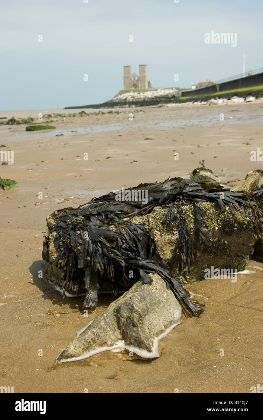 Reculver beach with castle in background Stock Photo - Alamy