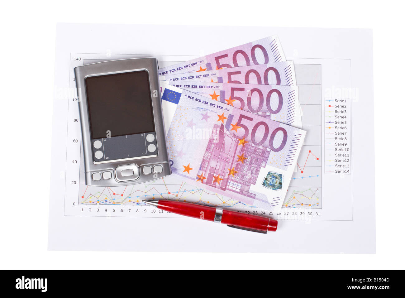PDA pen and euros on market business financial chart isolated on white ...