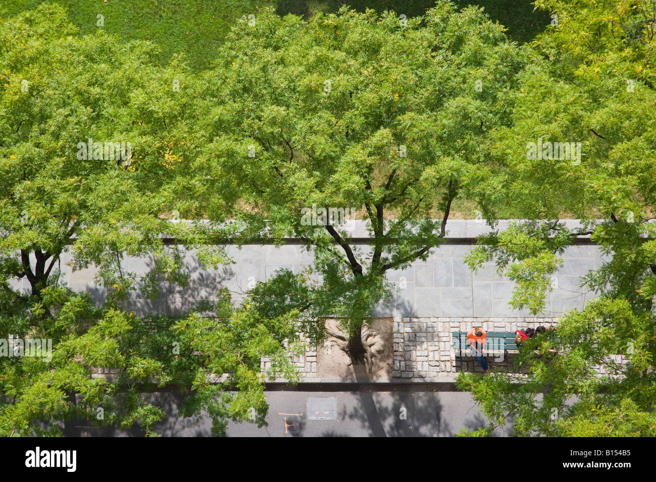 Aerial view of a woman sitting on a park bench in Battery Park Stock ...
