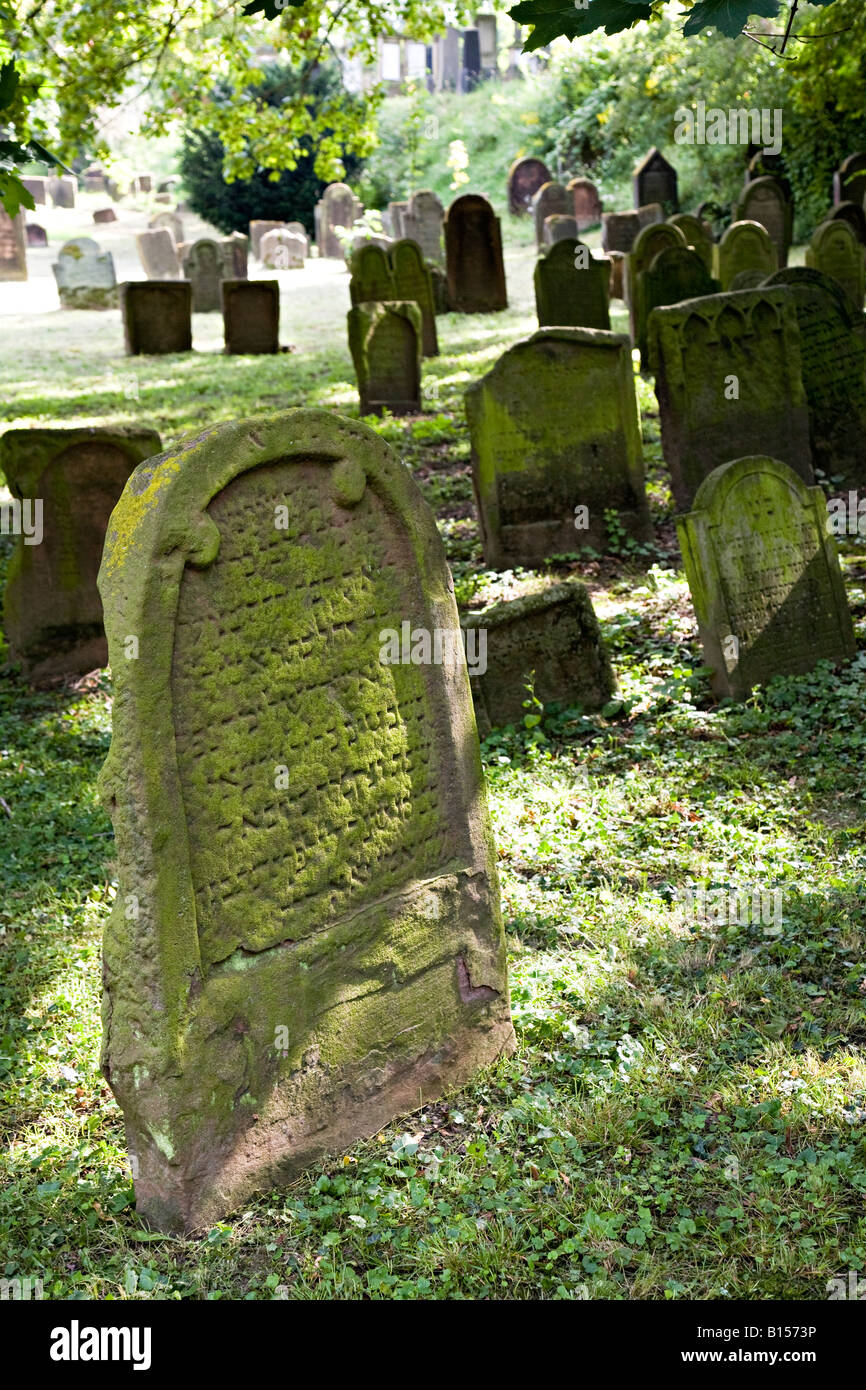 Moss covering Hebrew writing on gravestone in Jewish cemetery the Alter ...