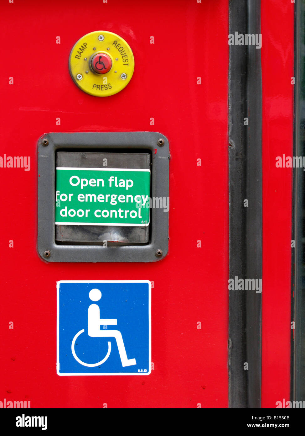 Disability signs on a red London Transport bus Stock Photo - Alamy