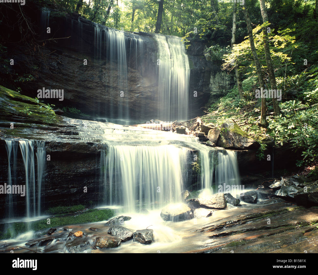 Double Waterfall in Forest Stock Photo - Alamy