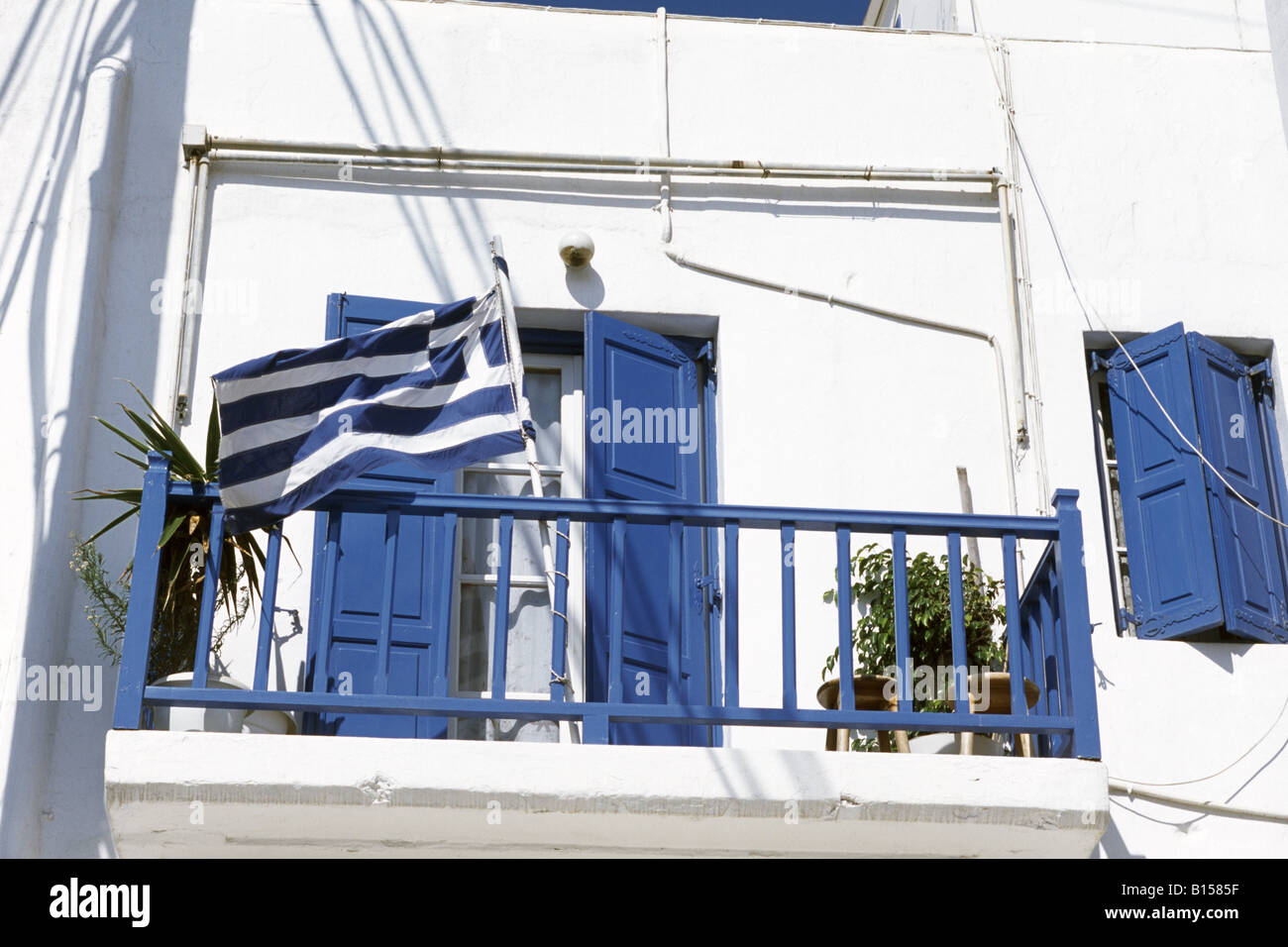 Balcony with greek flag in Mykonos Town Mykonos Island Cyclades Greece ...