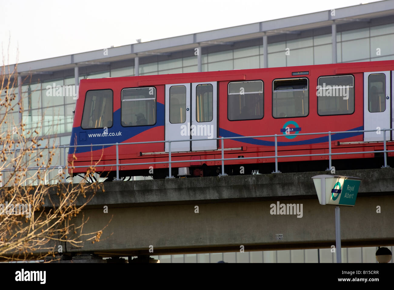 One of the trains of the Docklands Light Railway London over a bridge ...