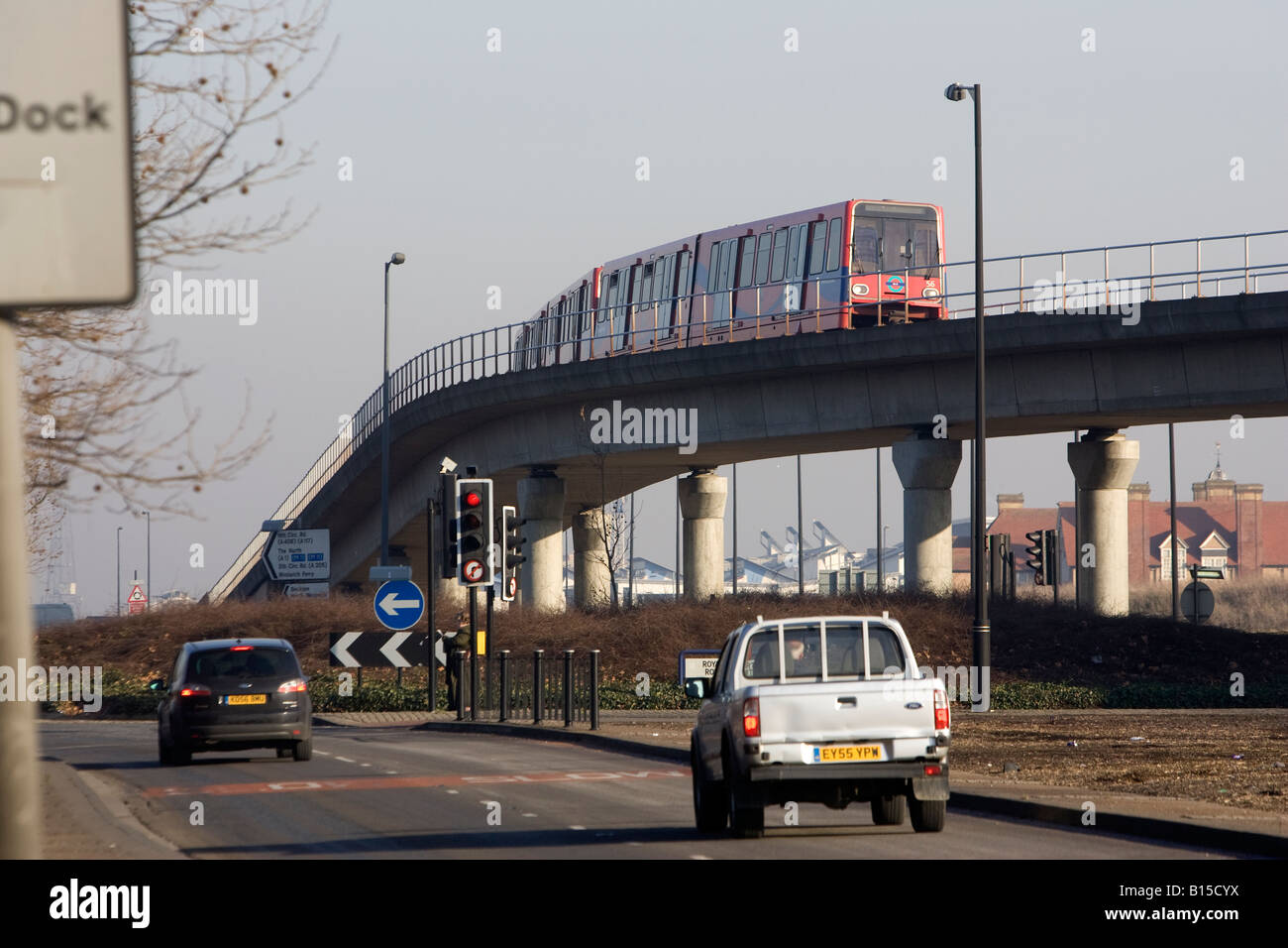 One of the trains of the Docklands Light Railway London over a bridge ...
