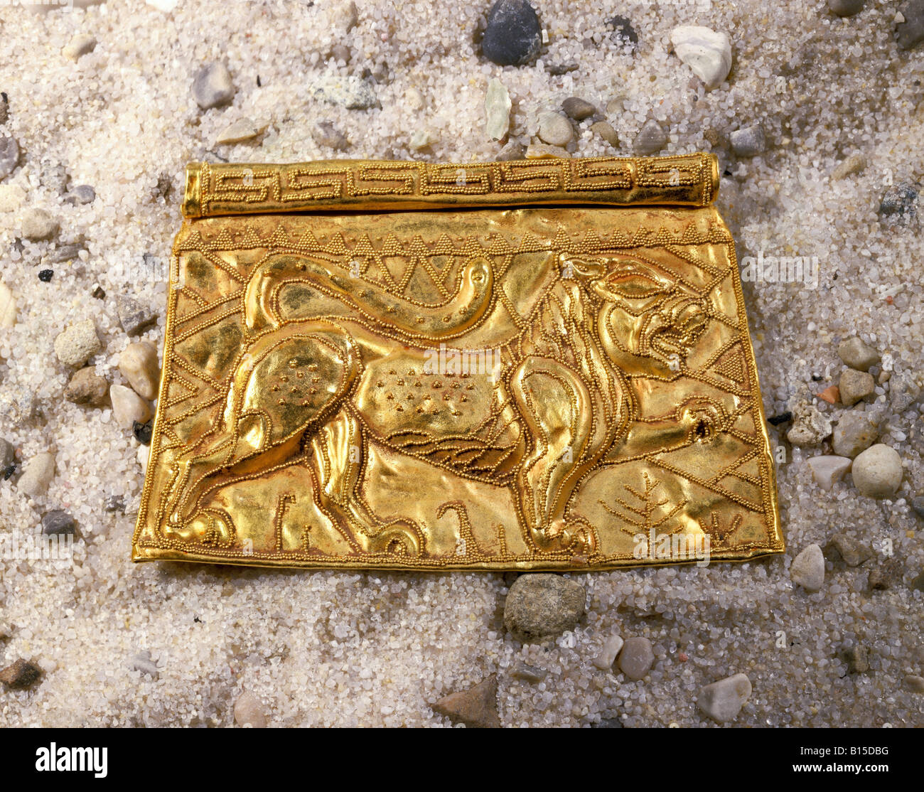 fine arts, ancient world, Etruscians, relief, tag with lion, gold ...