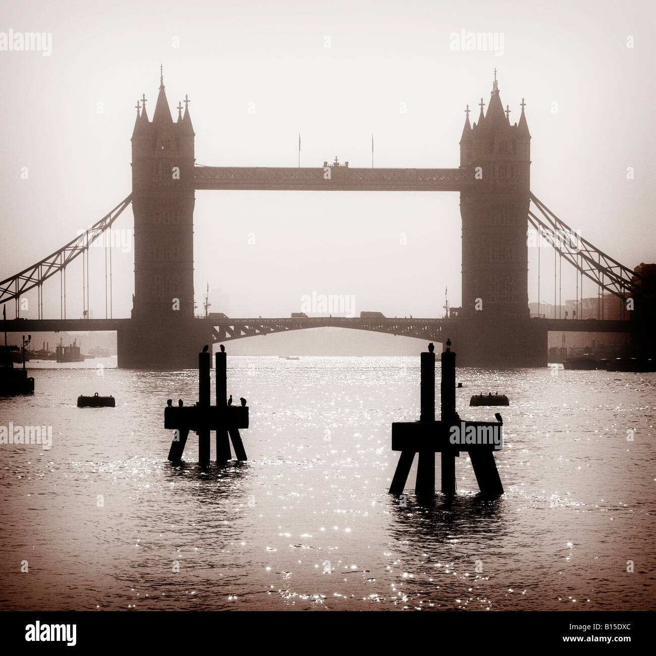 Tower Bridge partially silhouetted on a misty morning Stock Photo - Alamy