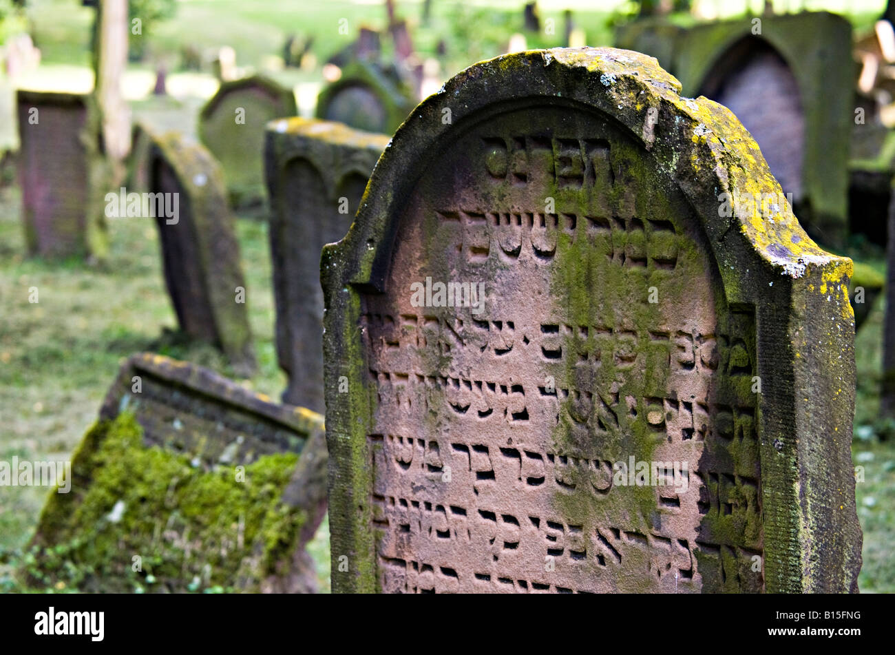 Hebrew writing on gravestone in Jewish cemetery the Alter Judenfriedhof ...
