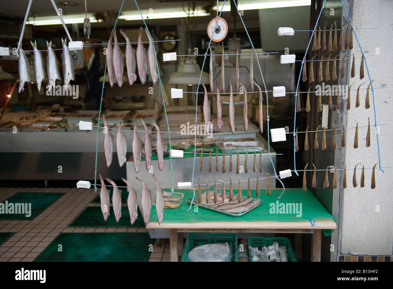 Kanazawa, Japan. A stylish display of fish outside a fishmonger's shop ...