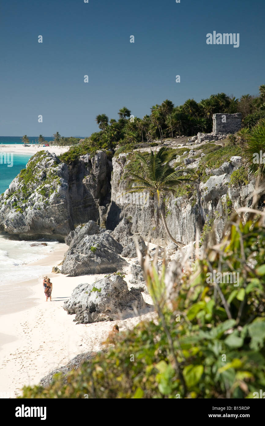Mayan temples sit upon a cliff top overlooking the sea at Tulum in ...