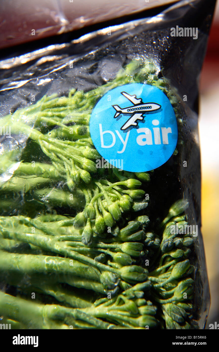 Packaging on broccoli showing its been flown from another country Stock ...