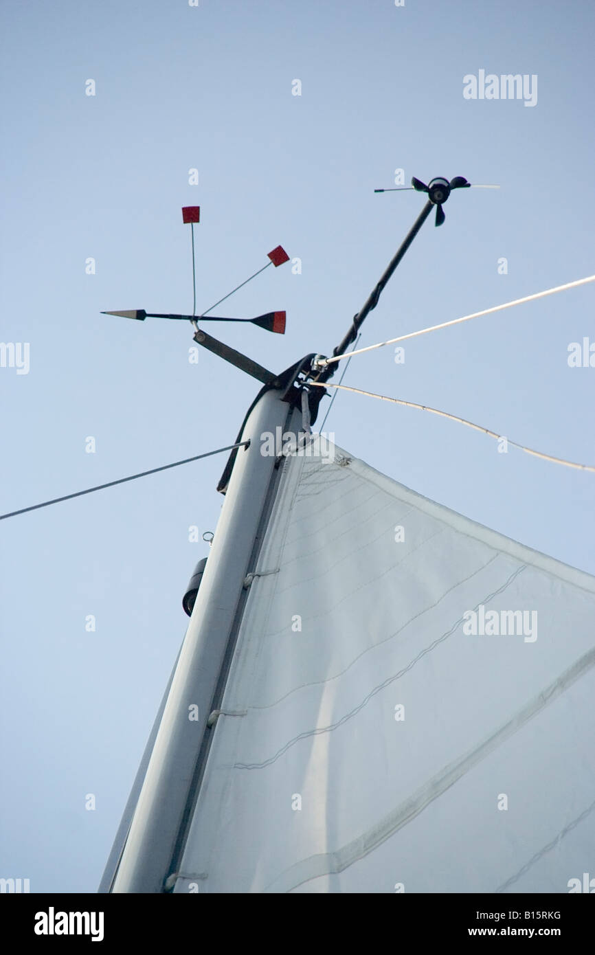 Photo of a sailboat mast with the mainsail and wind directionals on it ...