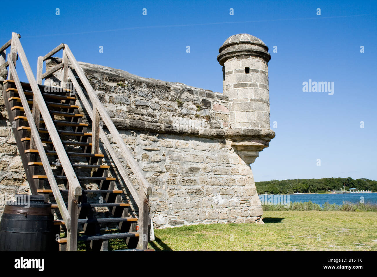 Wooden stairway to stone parapet in Fort Matanzas, Florida Stock Photo ...
