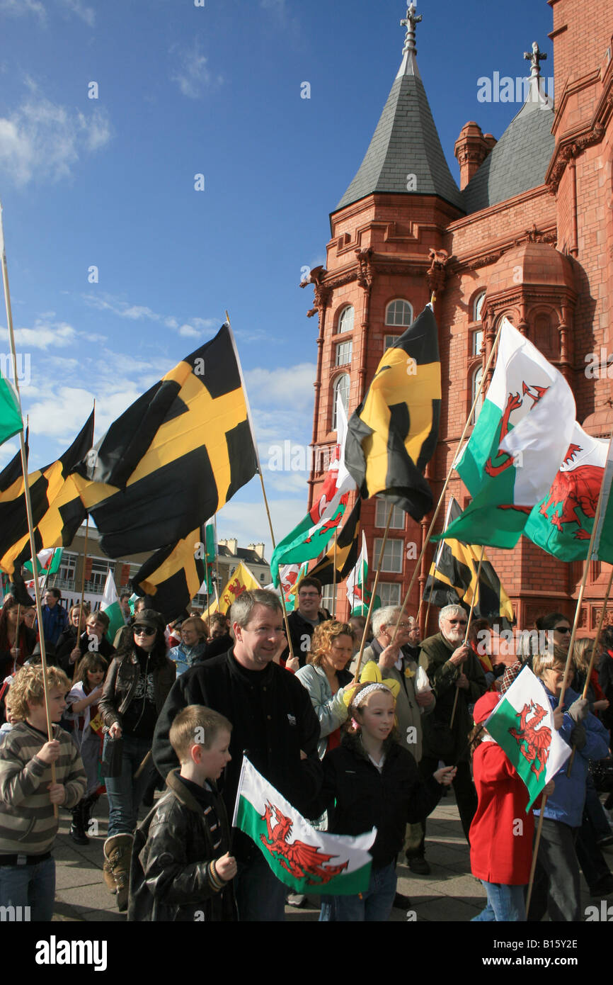 Welsh Flags Flying at St Davids Day Parade Stock Photo - Alamy