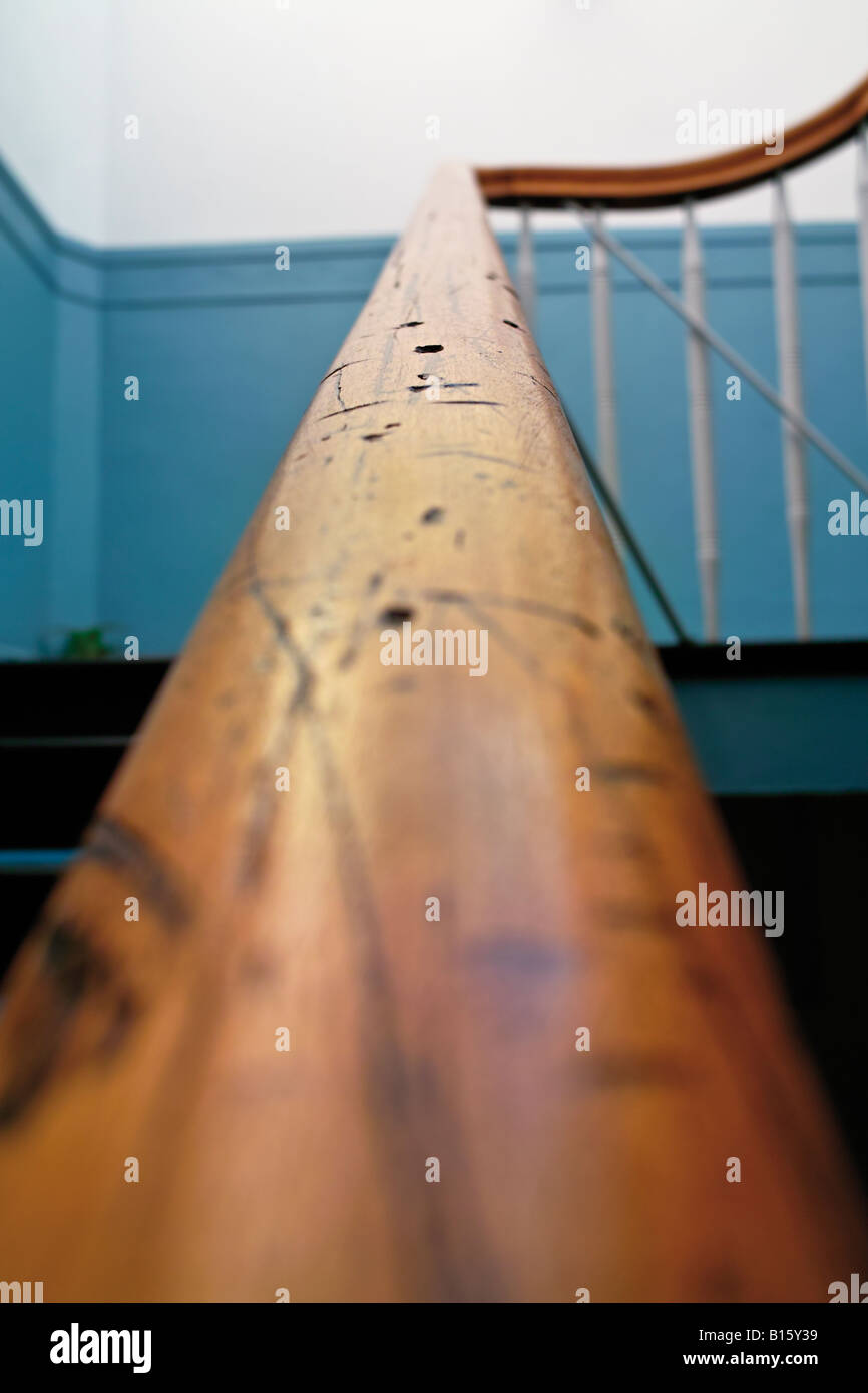 Wooden stair railing in historic building Stock Photo - Alamy