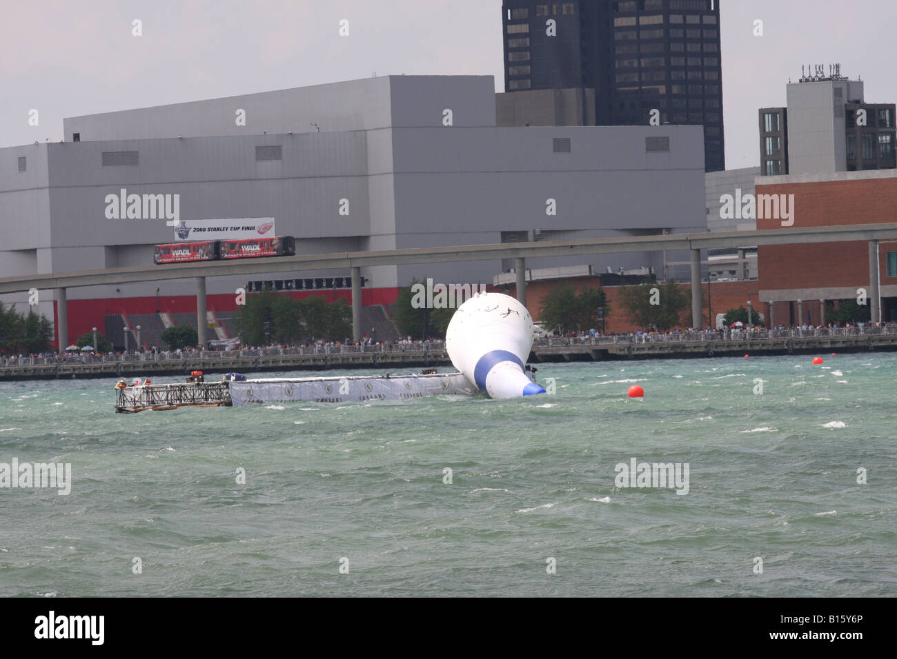 A pylon on the Detroit River is blown down by the wind during the 2008 ...