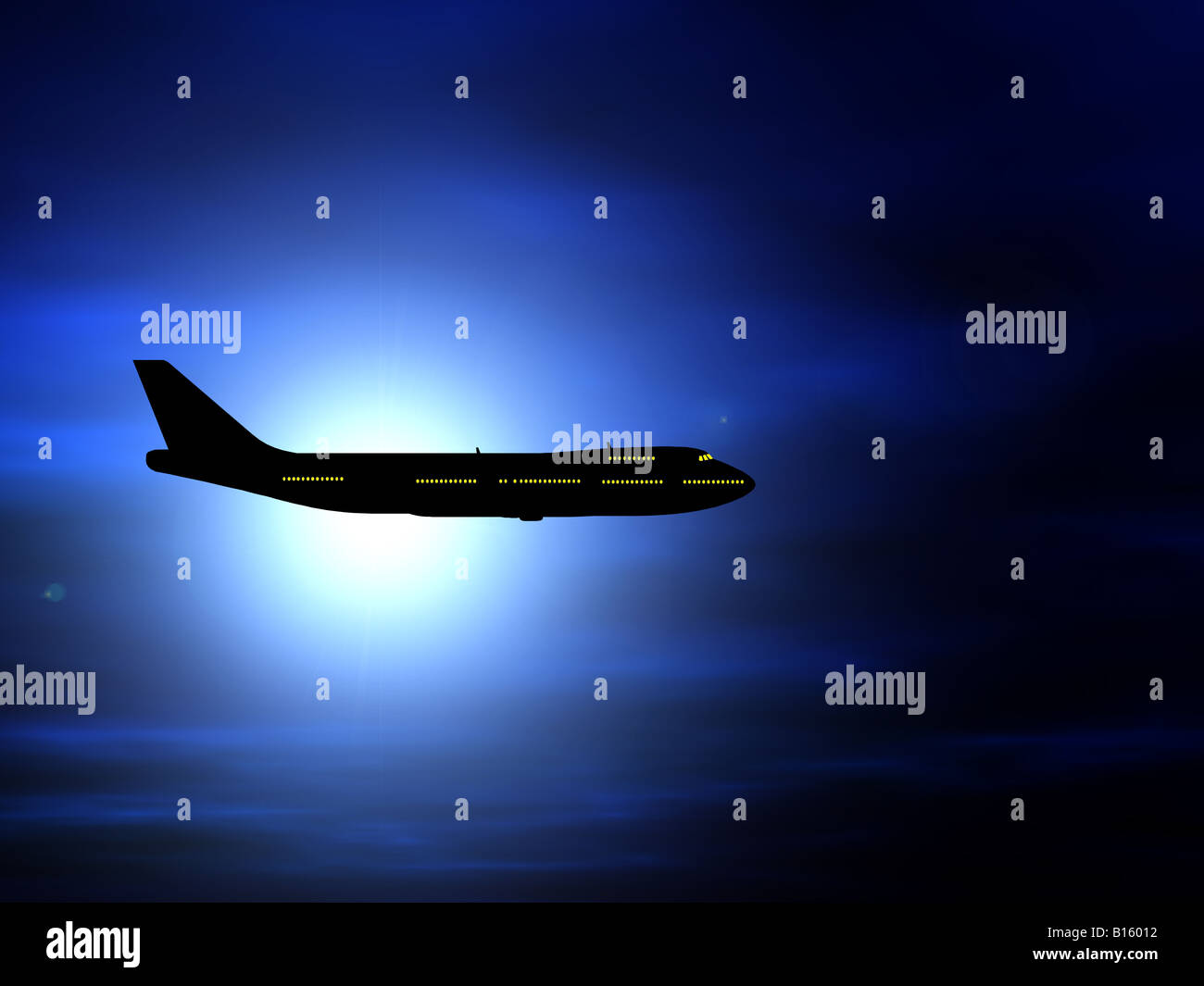 Passenger airplane silhouette against dark evening sky Stock Photo - Alamy