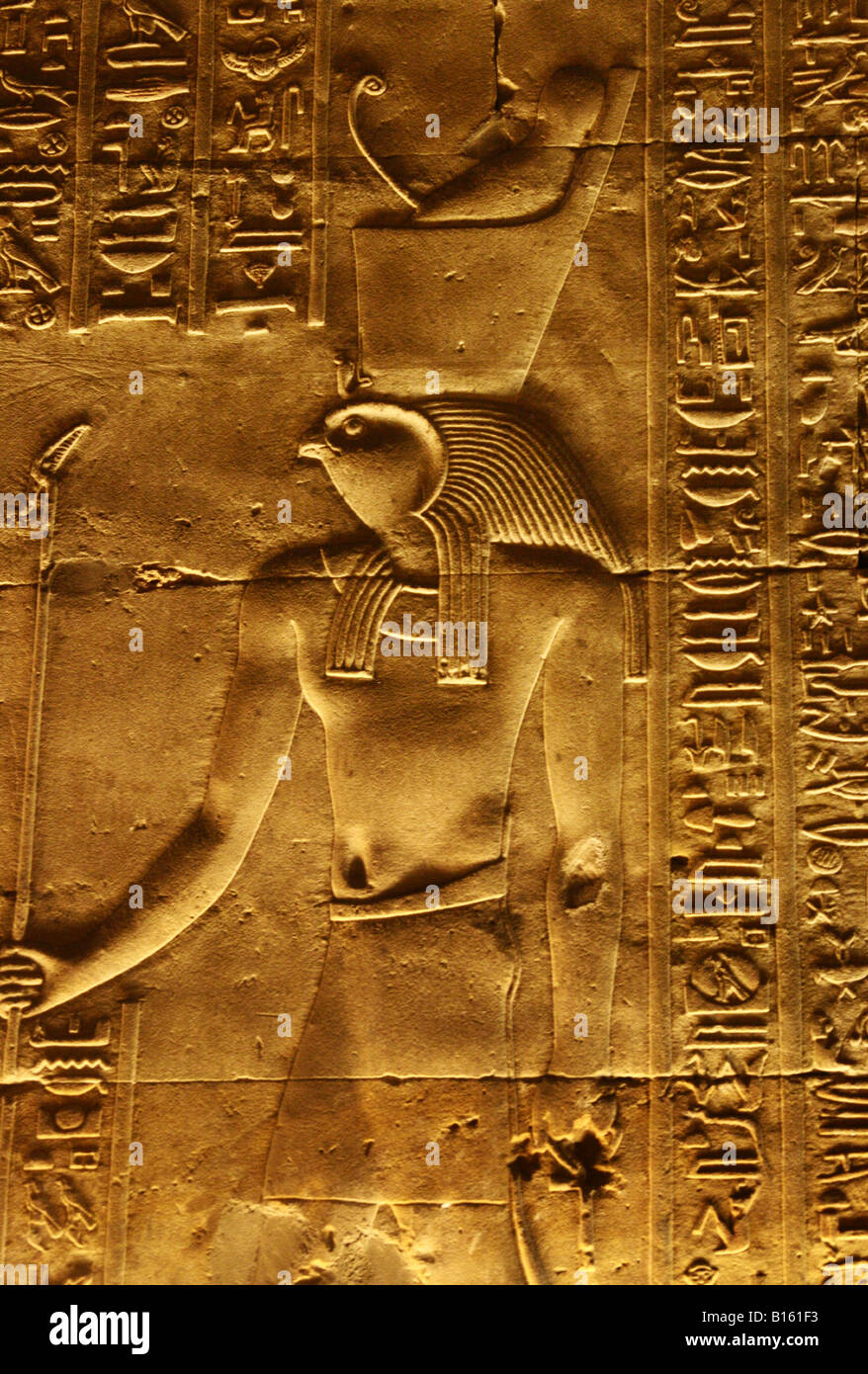 Hieroglyphs and Horus Carving Edfu Temple Stock Photo - Alamy