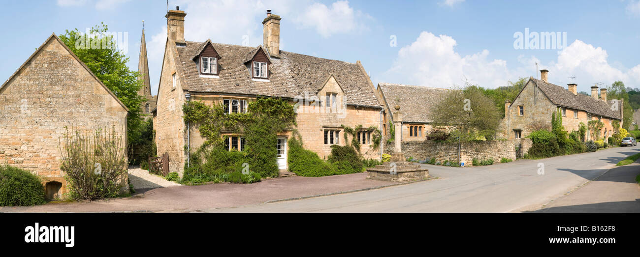 A panoramic view of the High Street in the Cotswold village of Stanton ...