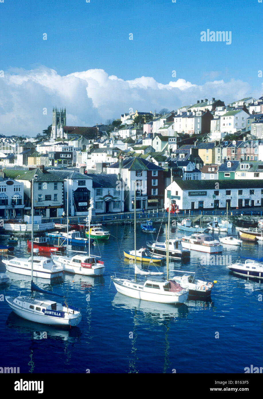 Brixham Devon Harbour Town marina boats vessels leisure craft church ...