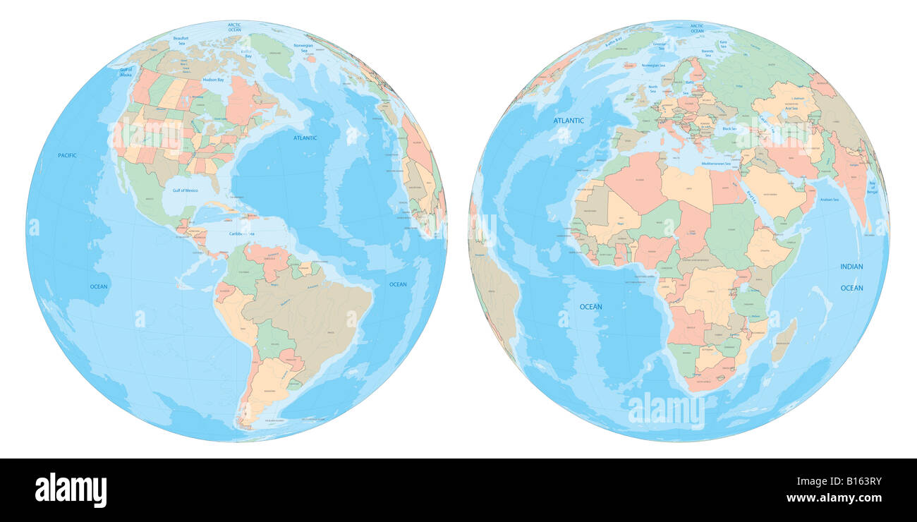 Earth globe, ultrahigh resolution, real topography rendering. Two ...