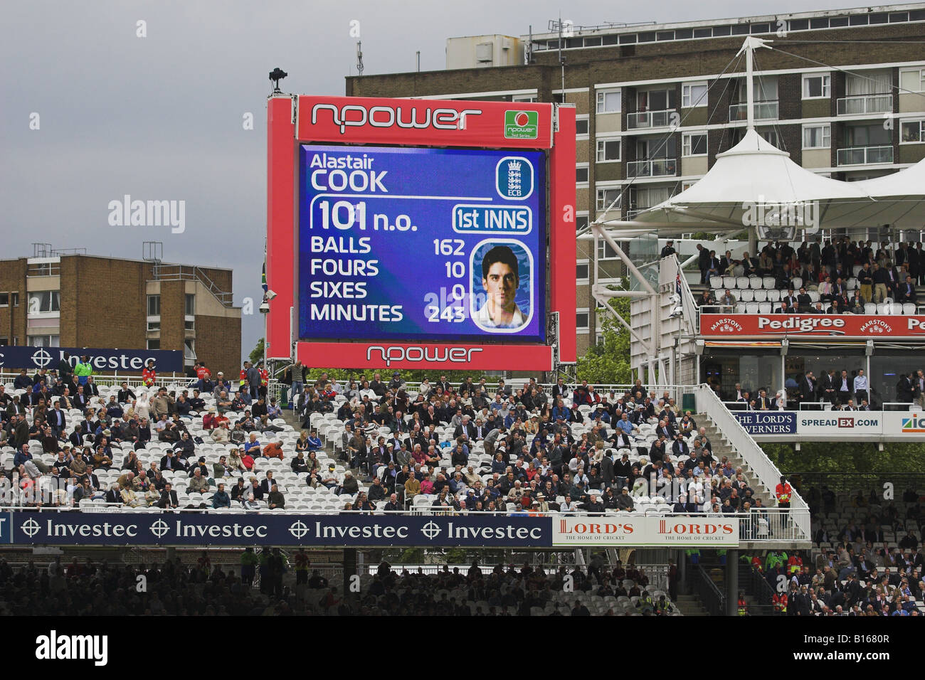 Lords scoreboard showing Alistair Cook century v West Indies Stock ...