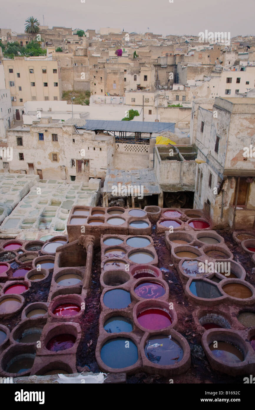 Ariel view of barrels of dye in tannery in Fez Morrocco Stock Photo - Alamy