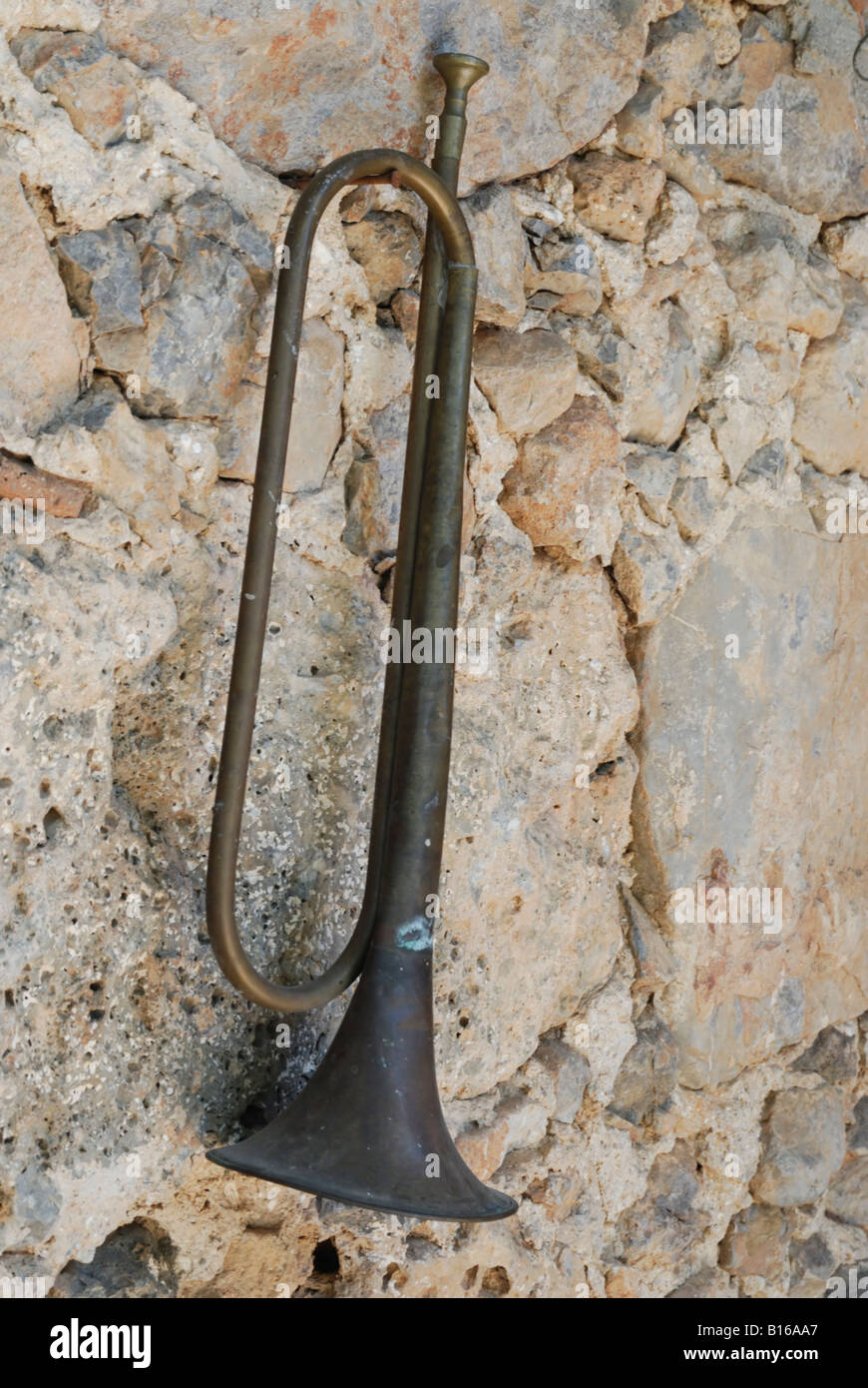The old trumpet on the stone wall in the old Turkish farmhouse Stock ...