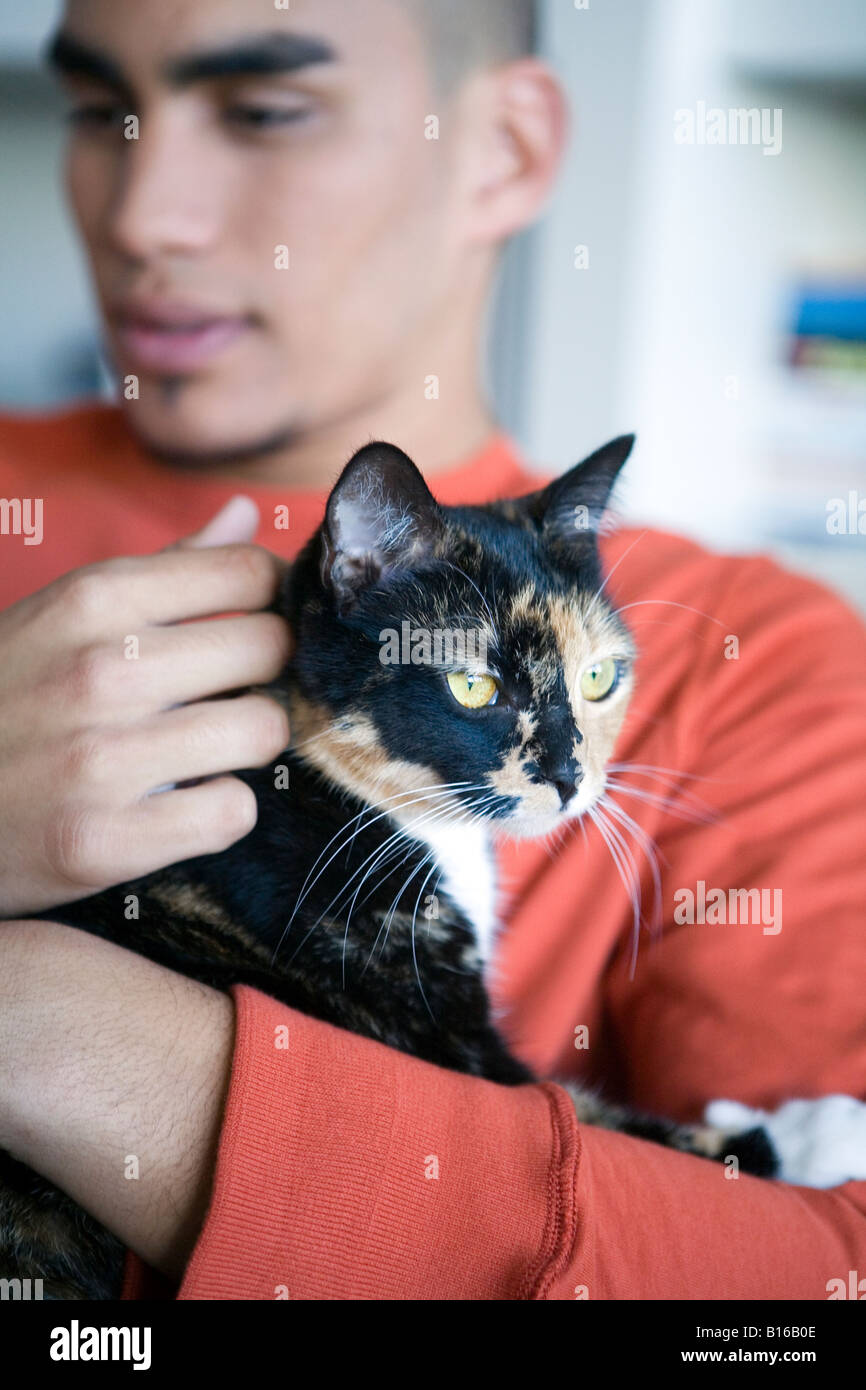 African American man petting cat Stock Photo - Alamy