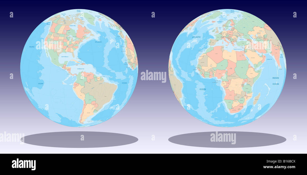 Earth globe, ultrahigh resolution, real topography rendering. Two ...