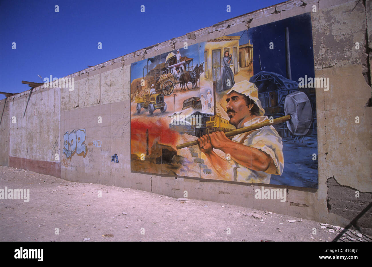 Mining mural on wall of abandoned building, Huara, near Iquique, Chile ...