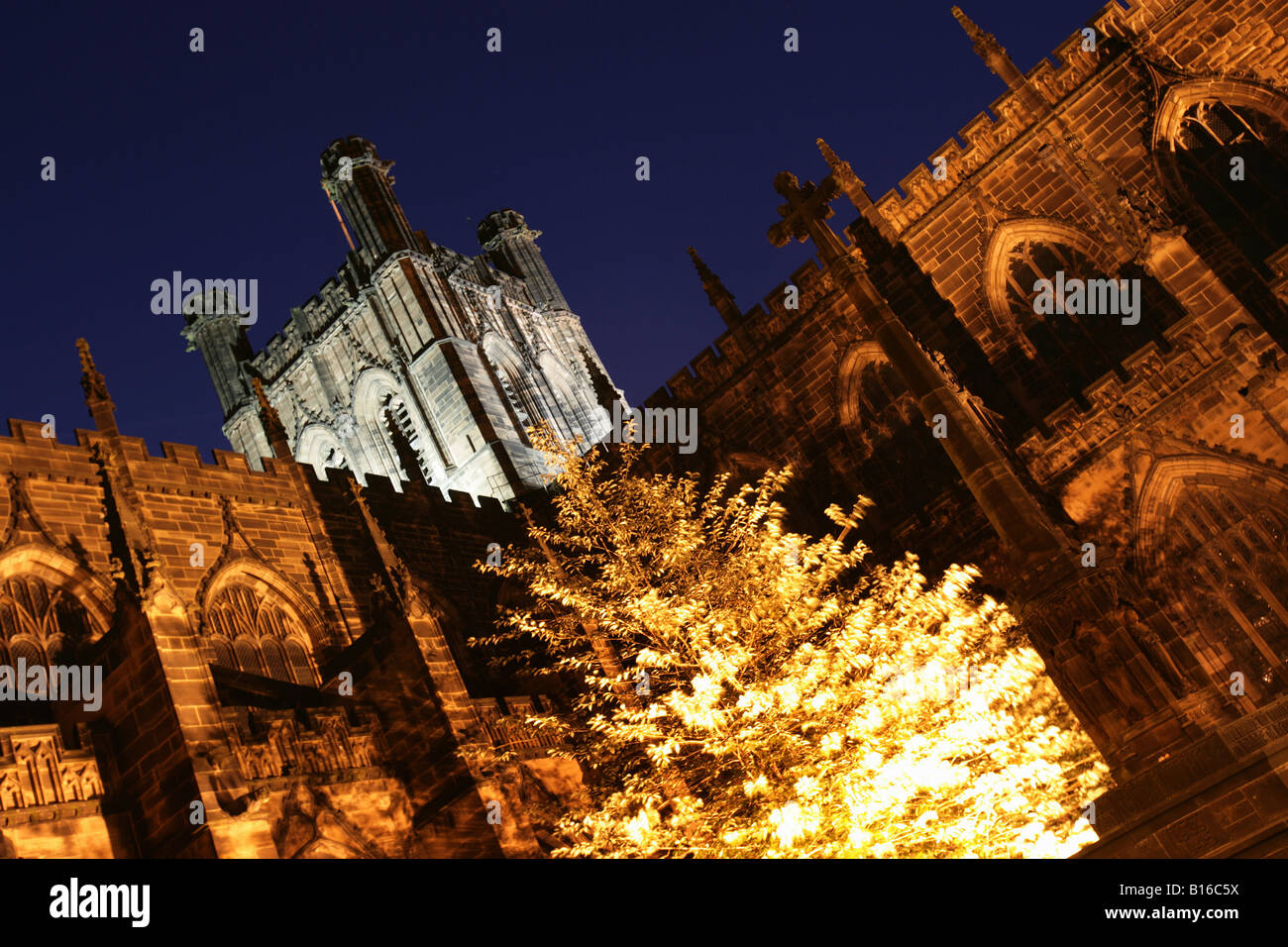 City of Chester, England. Night view of Chester Cathedral of Christ and ...
