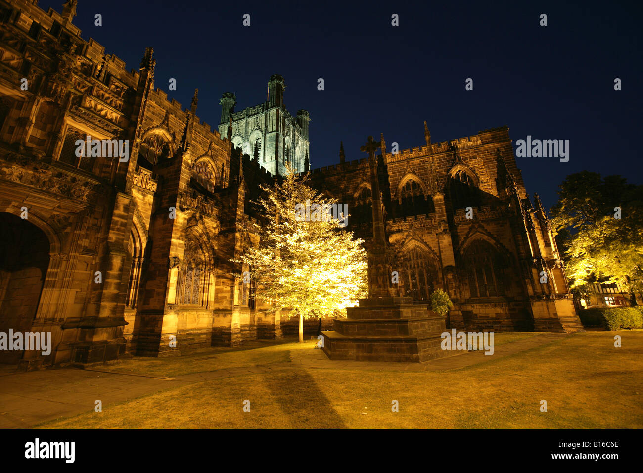 City of Chester, England. Night view of Chester Cathedral of Christ and ...